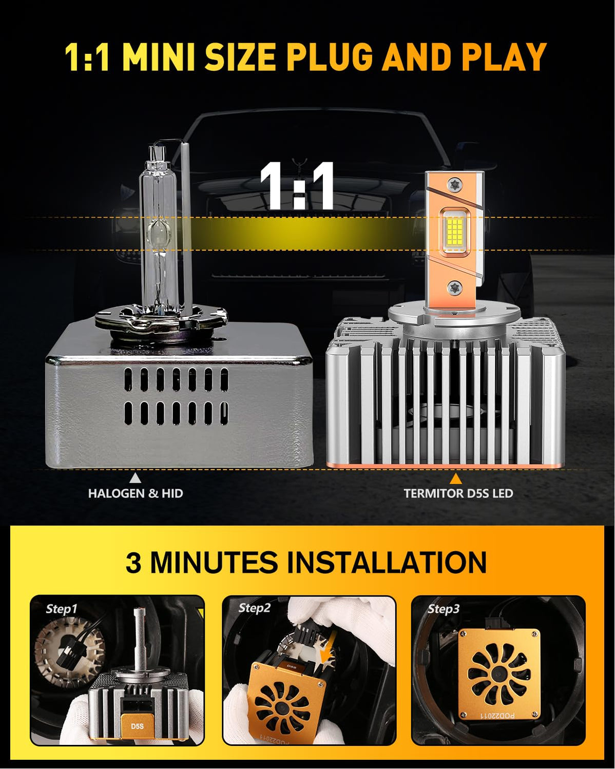 D5s headlight bulb, 45000LM 10X Brightness, 6500K Cool White, 1:1 D5S ...